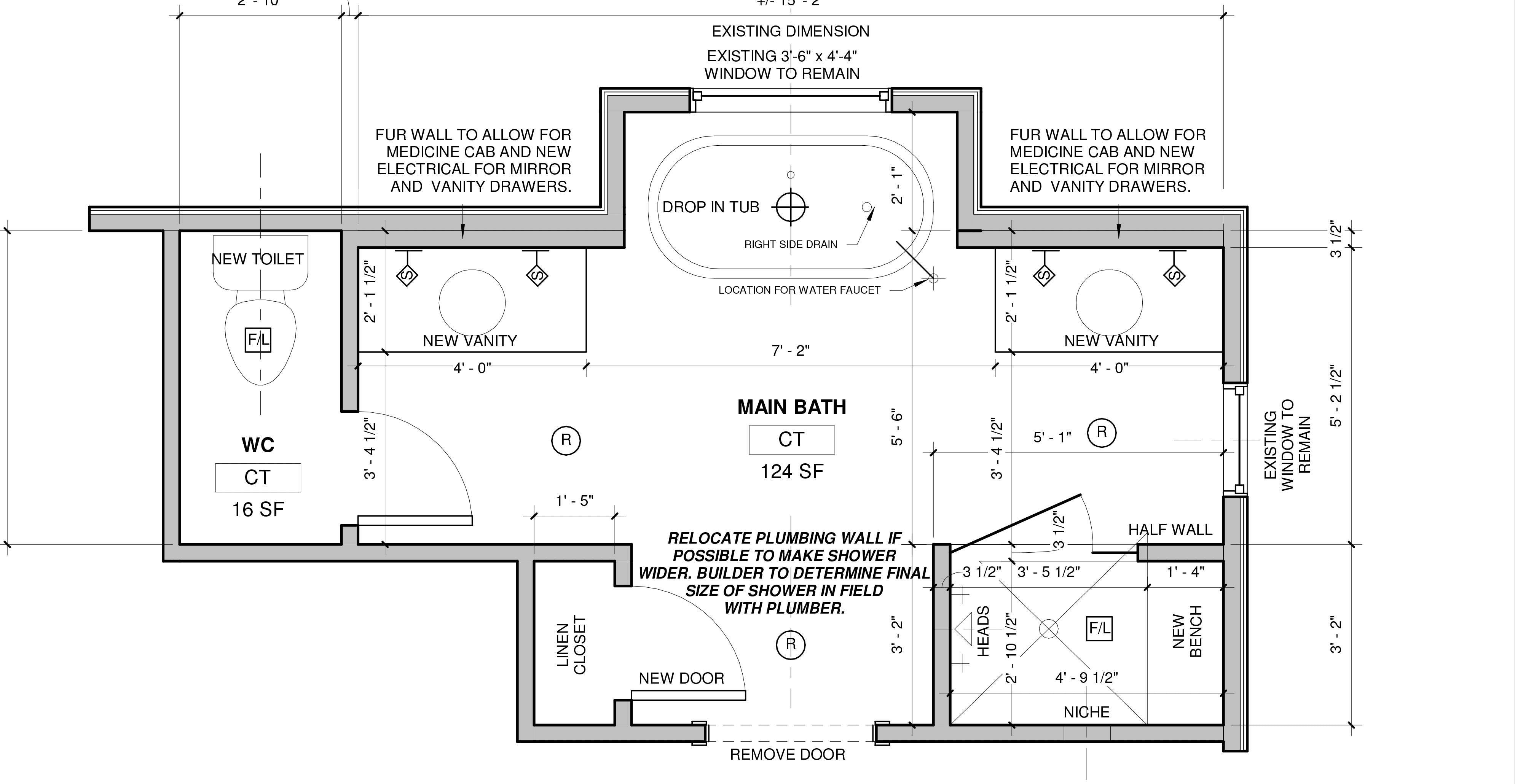 Bathroom plan with freestanding tub focal point
